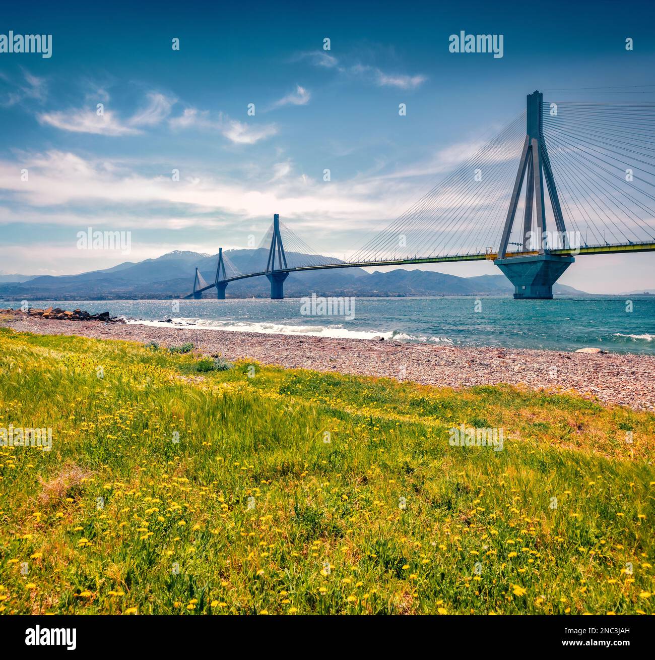 Wonderful morning scene of Rion-Antirion Bridge. Adorable spring view ...