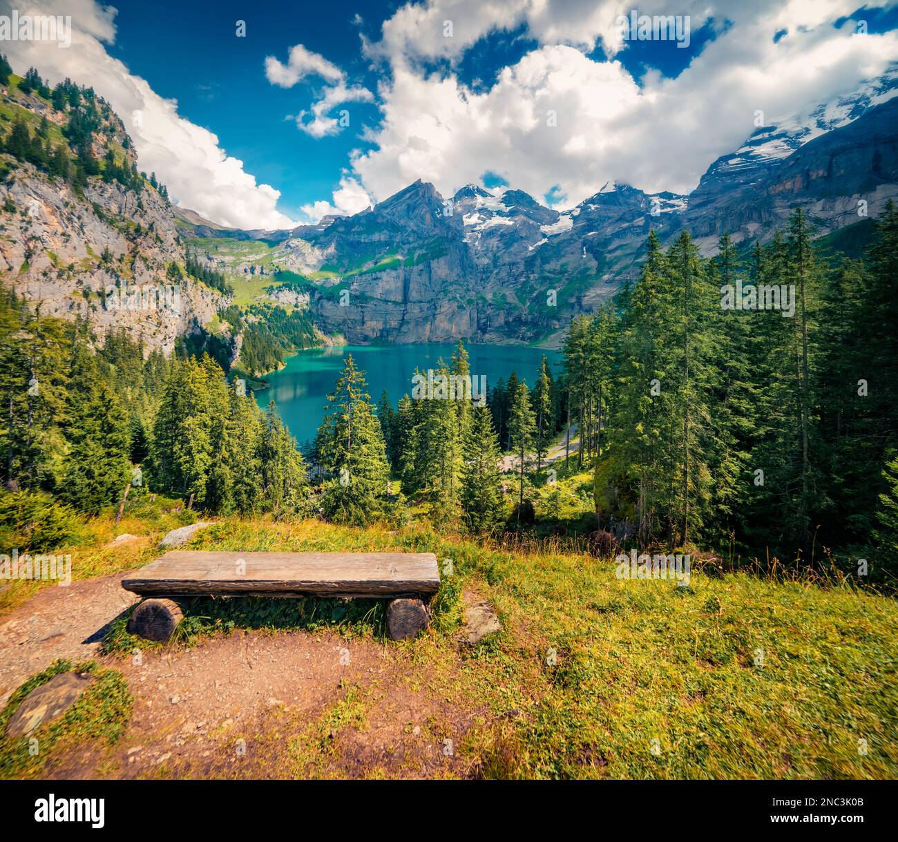 Gorgeous summer view of unique Oeschinensee Lake. Exciting morning ...