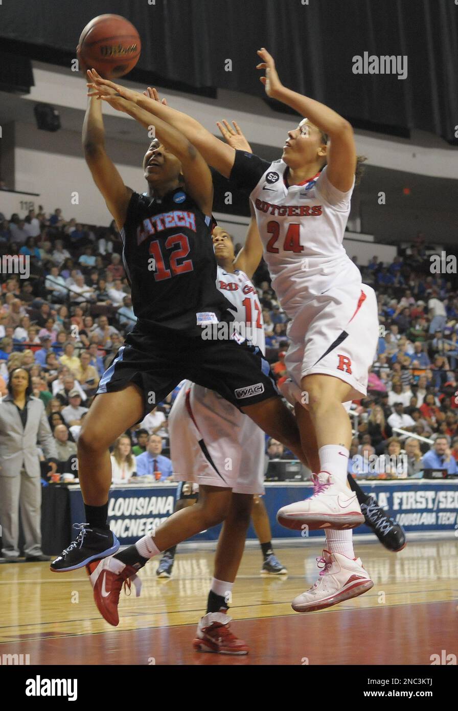 Louisiana Tech forward Shantale Bramble-Donaldson (12) is fouled by ...