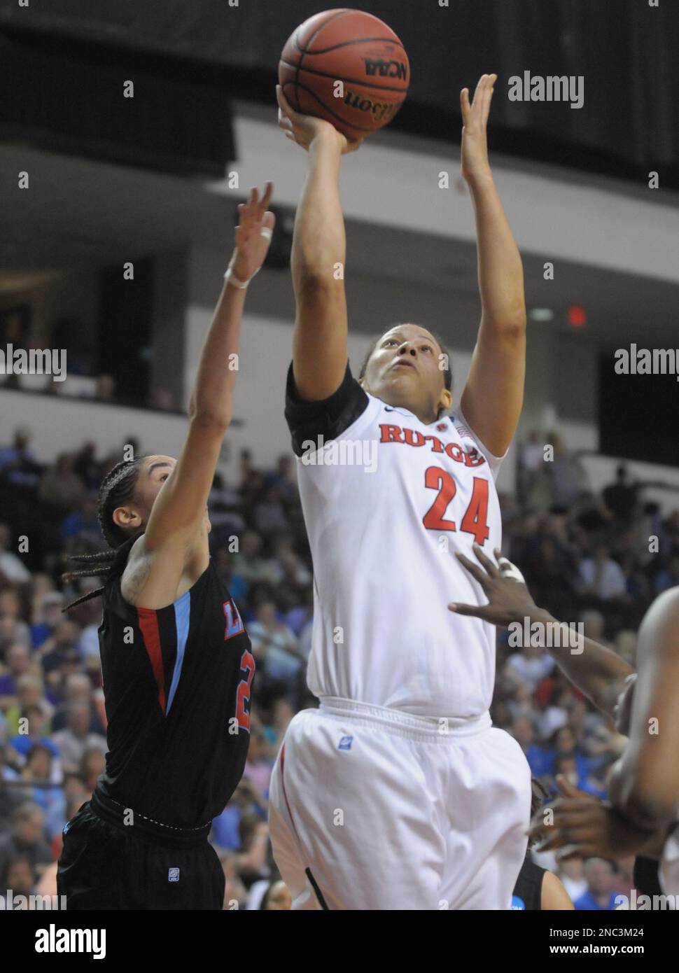 Rutgers guard April Sykes (24) puts up a shot against Louisiana Tech ...