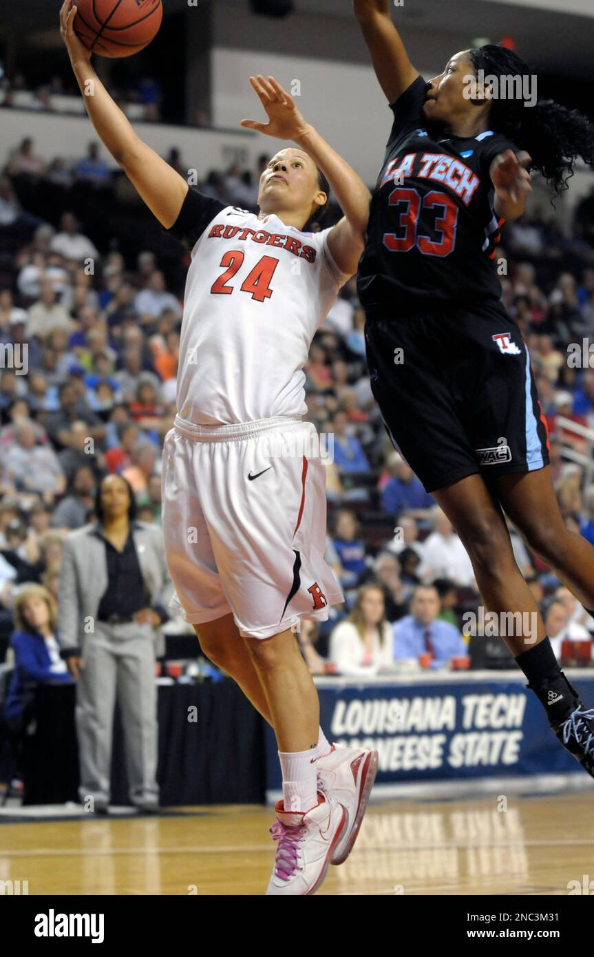 Rutgers guard April Sykes (24) puts up a shot as Louisiana Tech forward ...