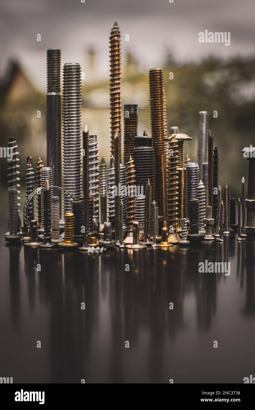 A close up of a city made of screws and nails Stock Photo - Alamy