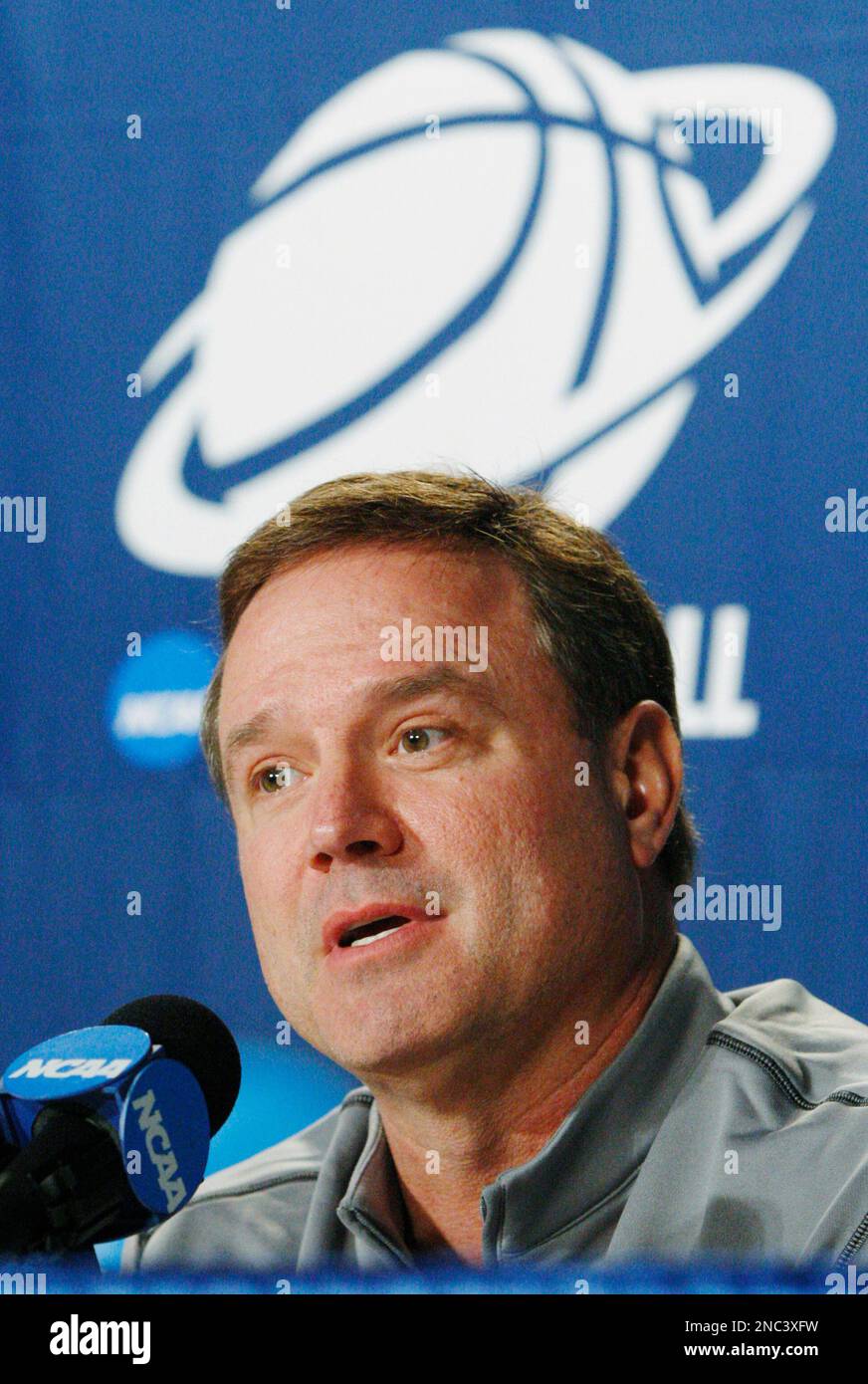 Kansas head coach Bill Self answers a question during a news conference ...
