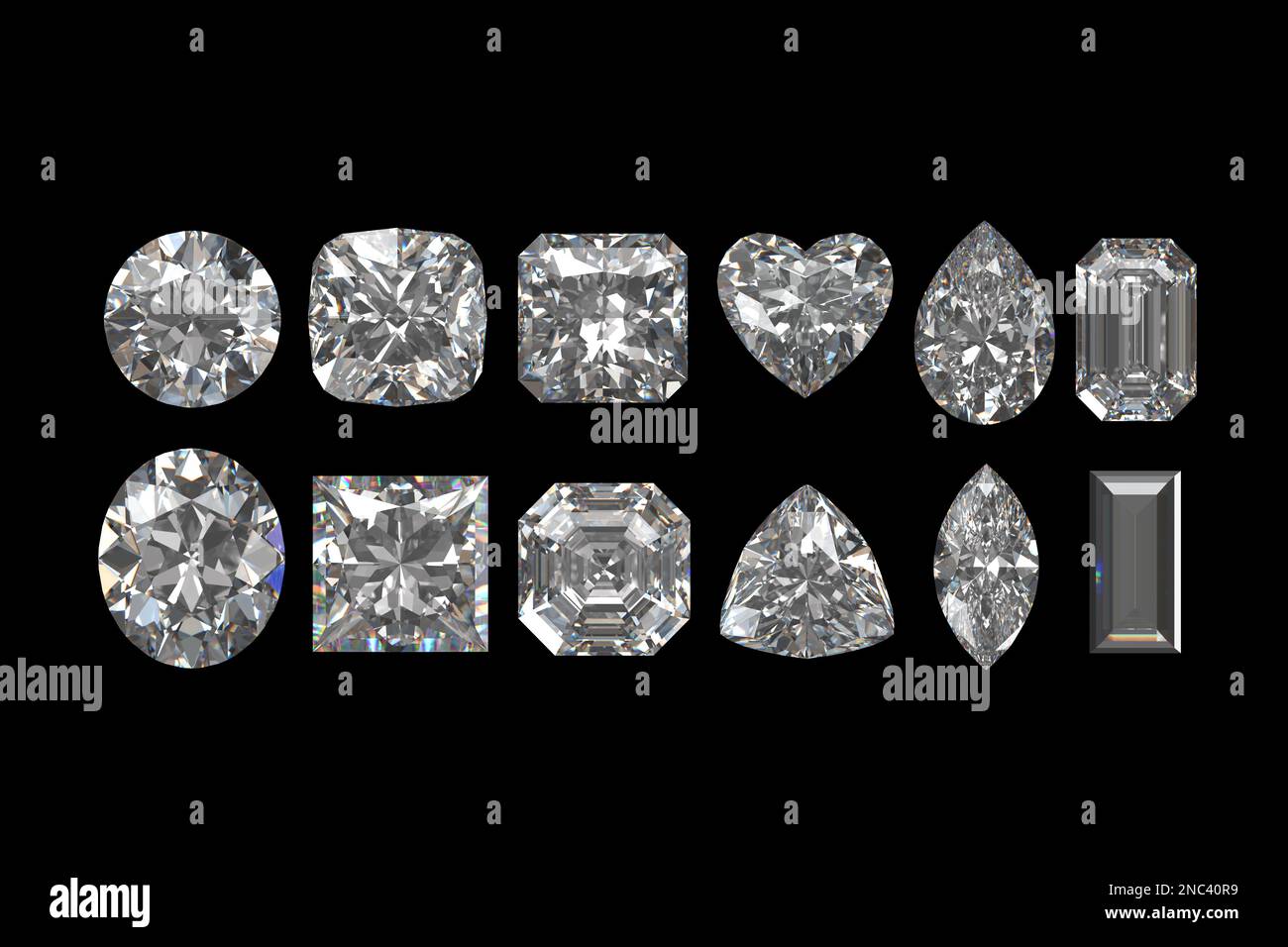 3D render diamonds multiple type isolated on black background in top ...
