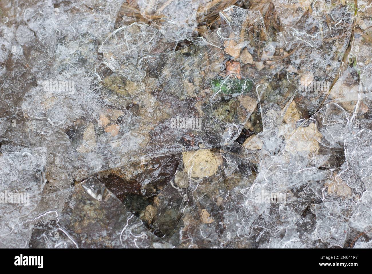 Ice crust on the ground. Winter nature. Frozen water. Cold weather ...