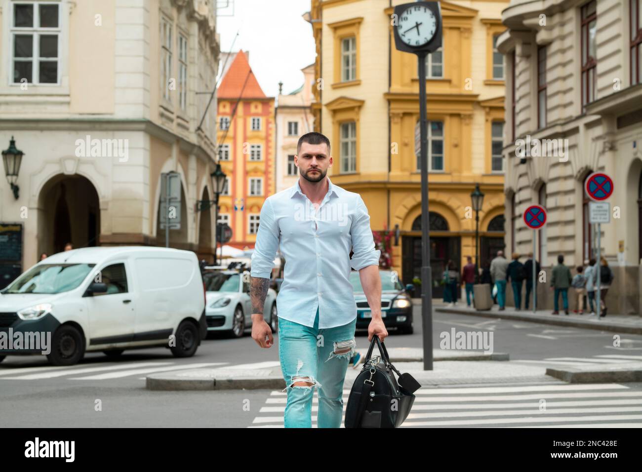 Traveller, fashion tourist. Man with luggage being ready to travel on ...