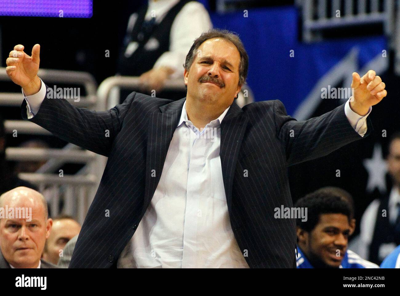 Orlando Magic head coach Stan Van Gundy reacts to a referees call ...