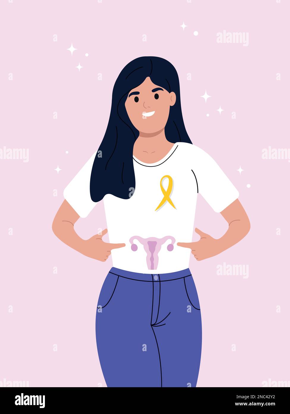 Young smiling girl points to the female reproductive organ ...