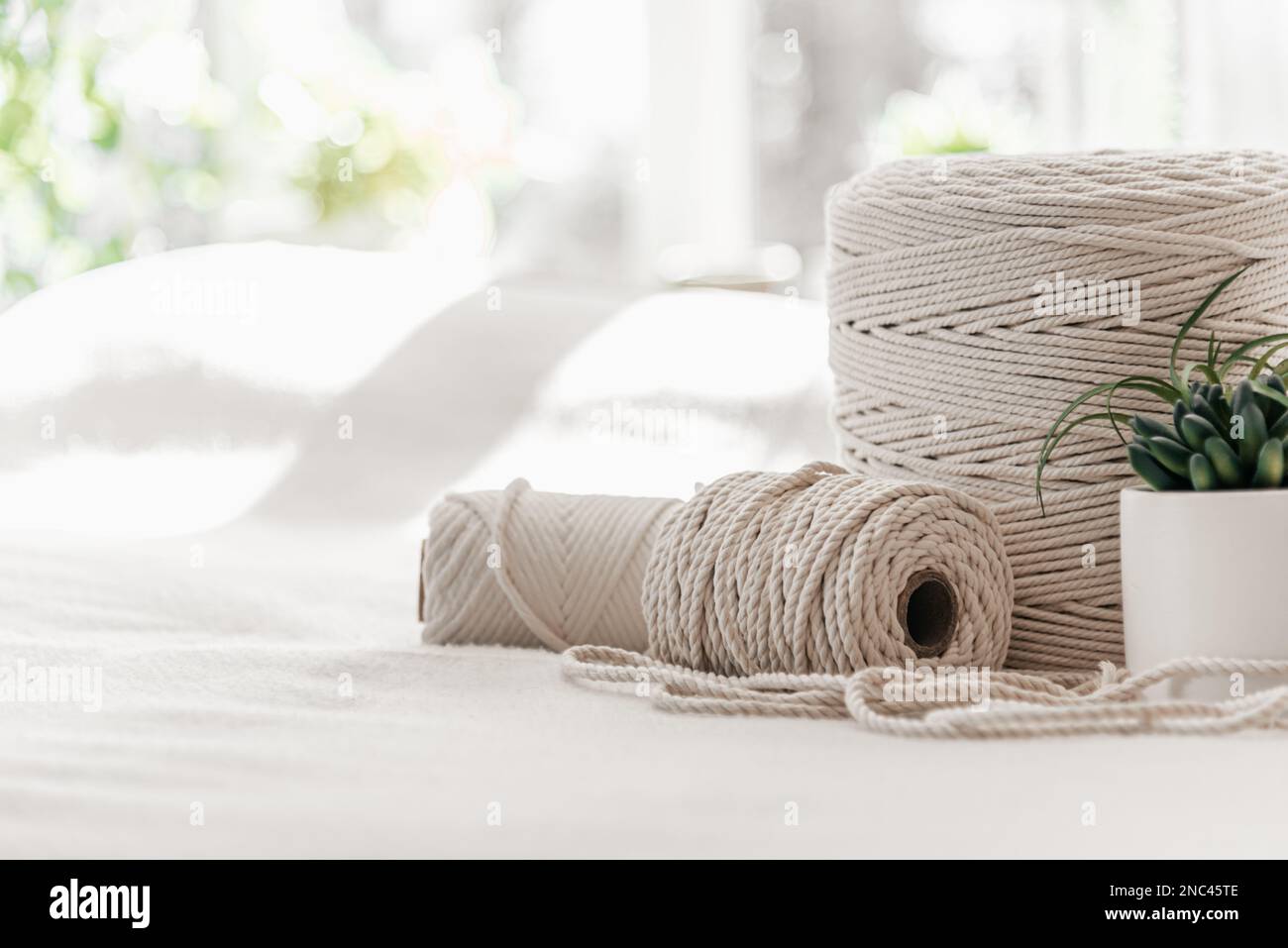 Natural Macrame Cord on Soft White Background Stock Photo - Alamy