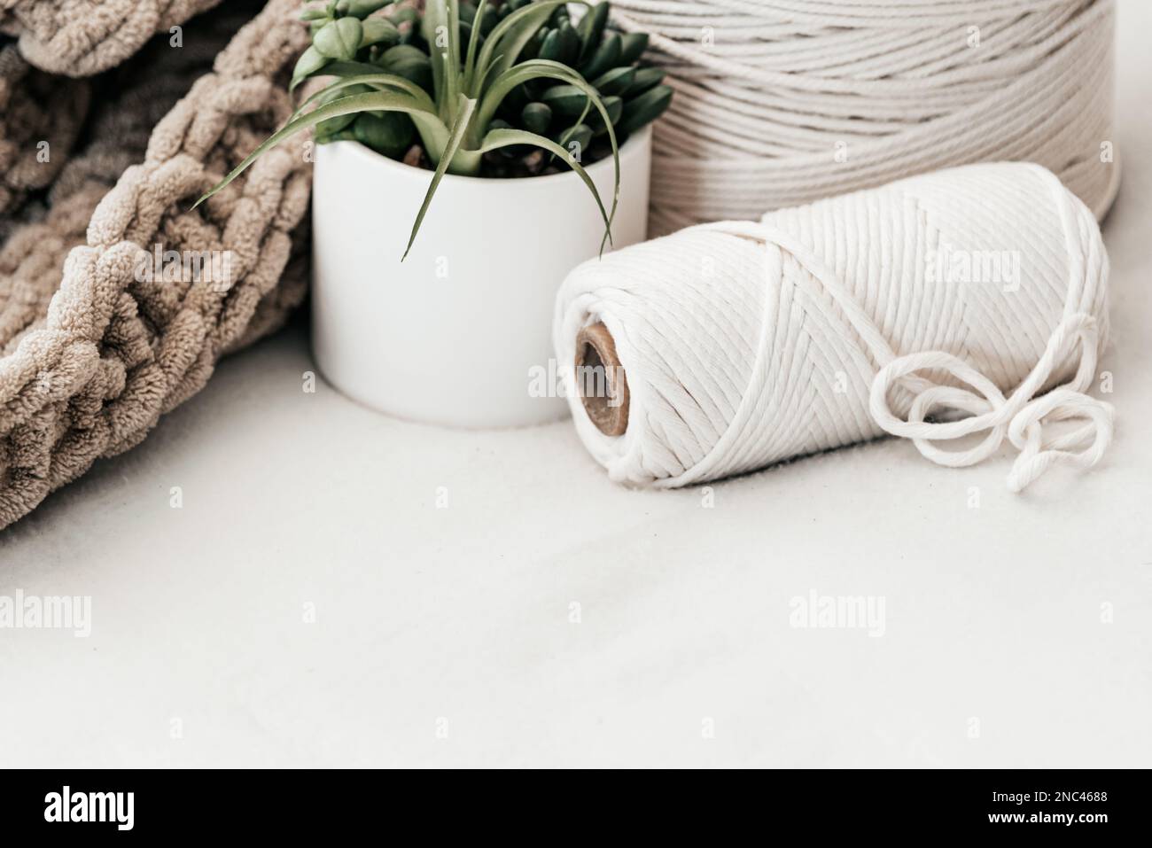 Natural Macrame Cord on Soft White Background Stock Photo - Alamy