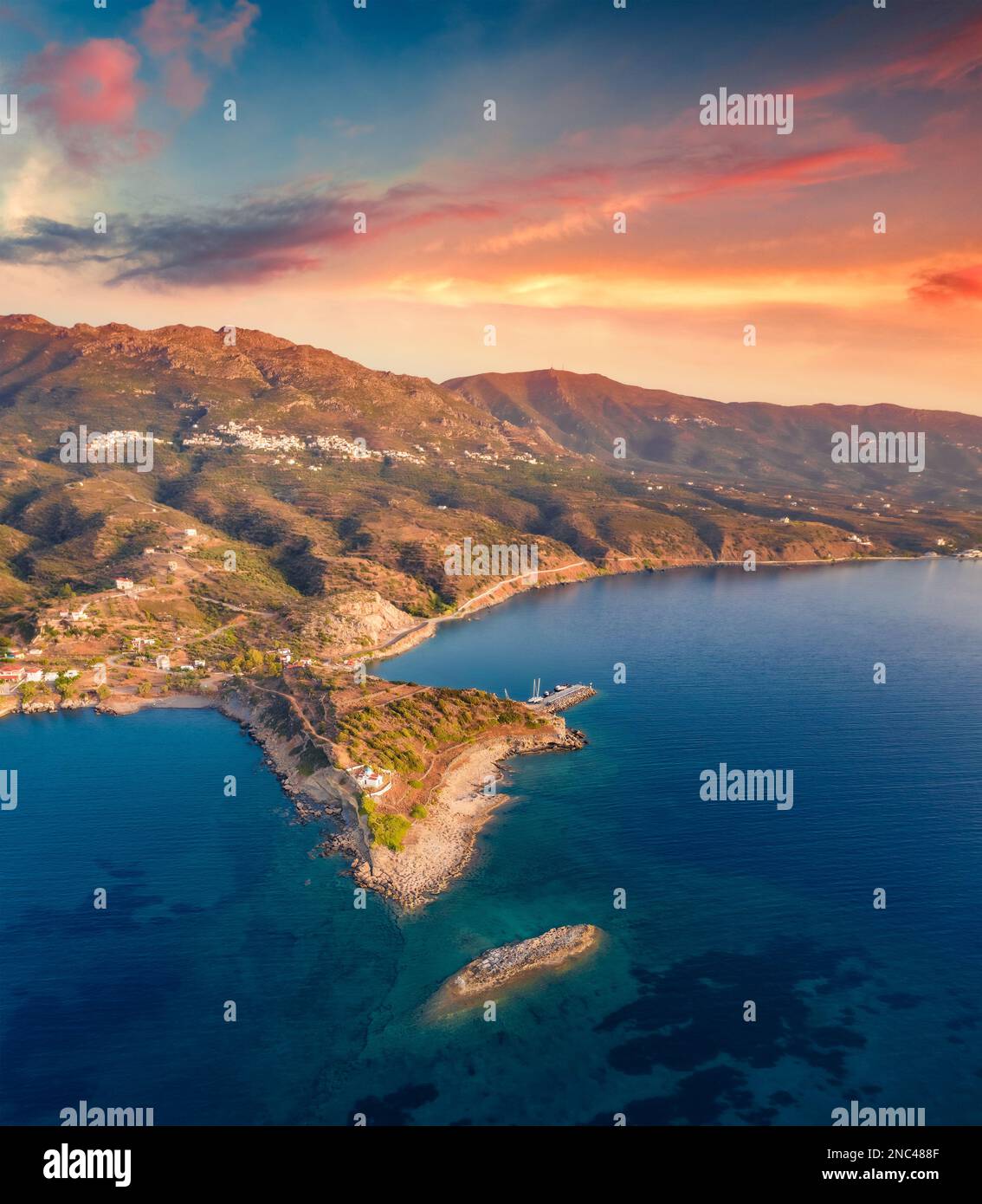 Aerial view of Agia Paraskevi Church. Marvelous evening scene of ...