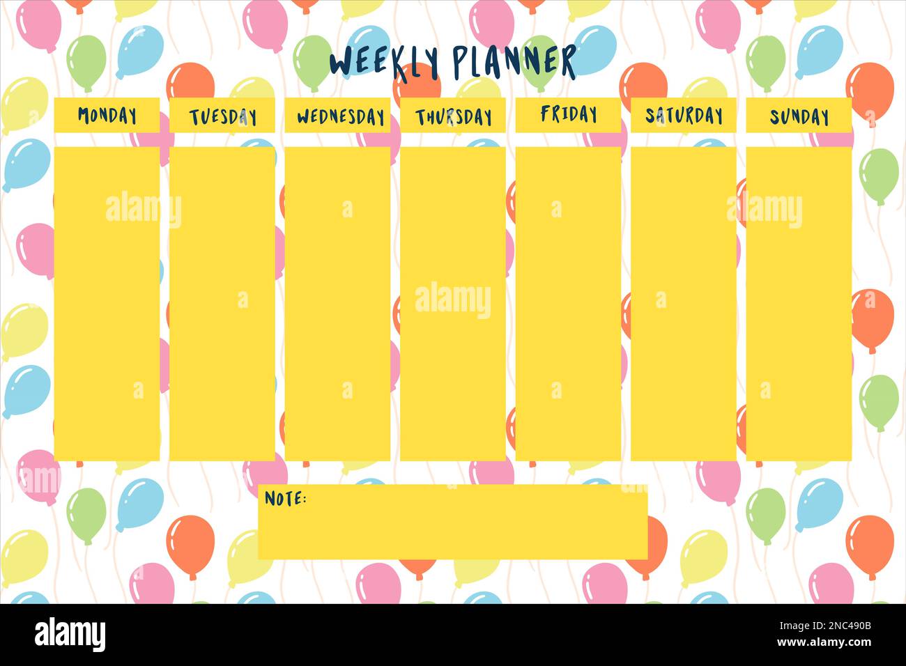 Weekly planner with cute colorful balloons in cartoon flat style ...