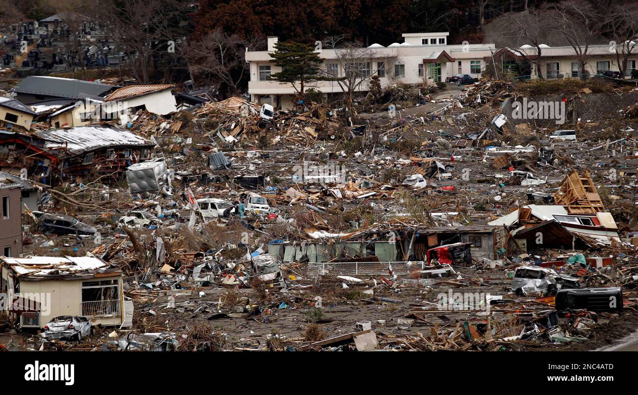 Tsunami damage is seen to a residential area in Kamaishi, Japan ...