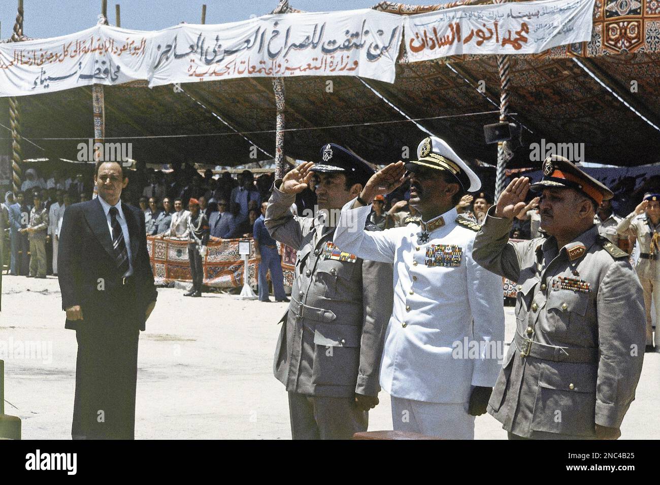Egyptian President Anwar Sadat raising Egyptian flag-ceremony in Al ...