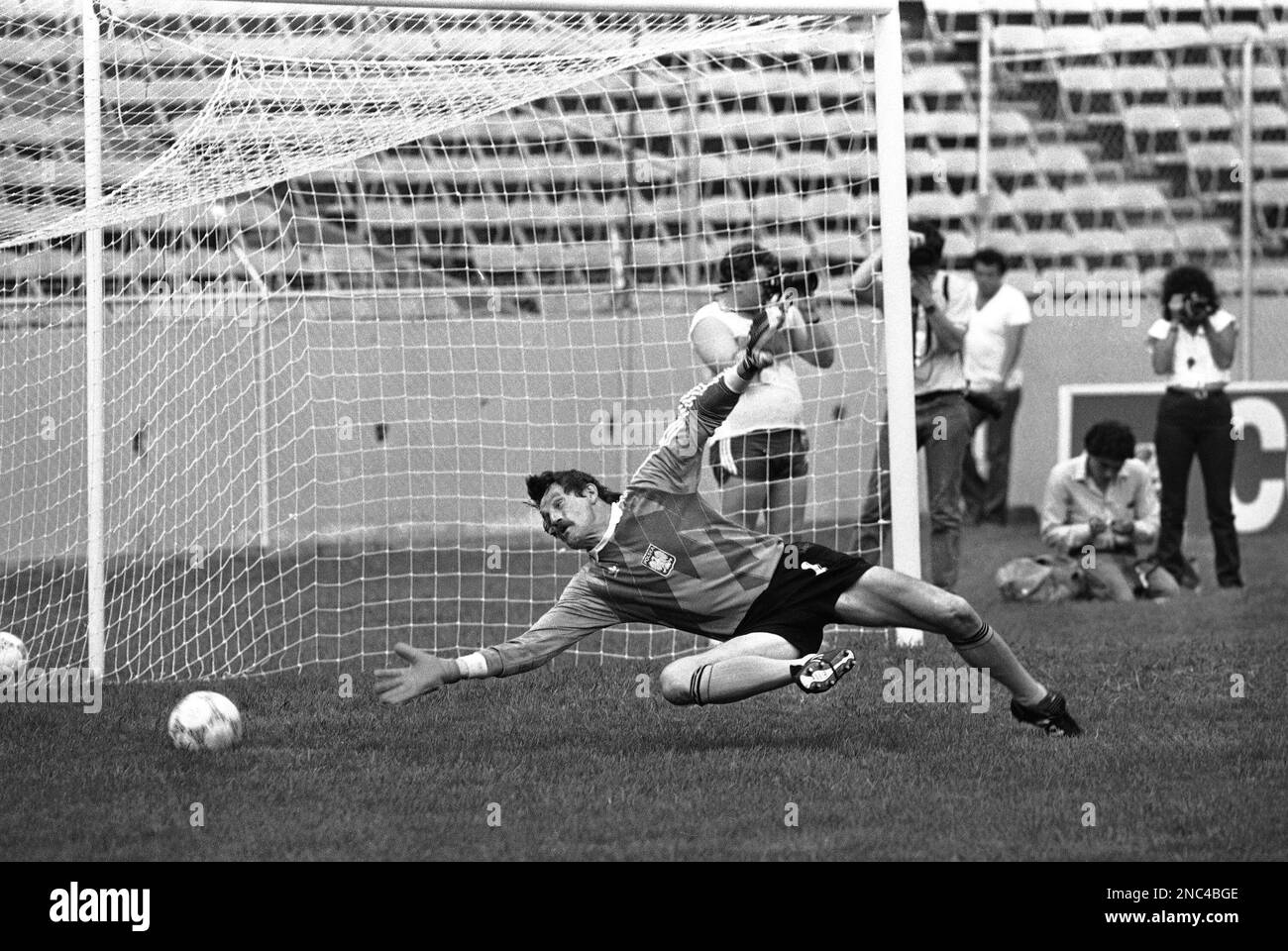 Polands goal keeper Jozef Myherczyk in action in training at the ...