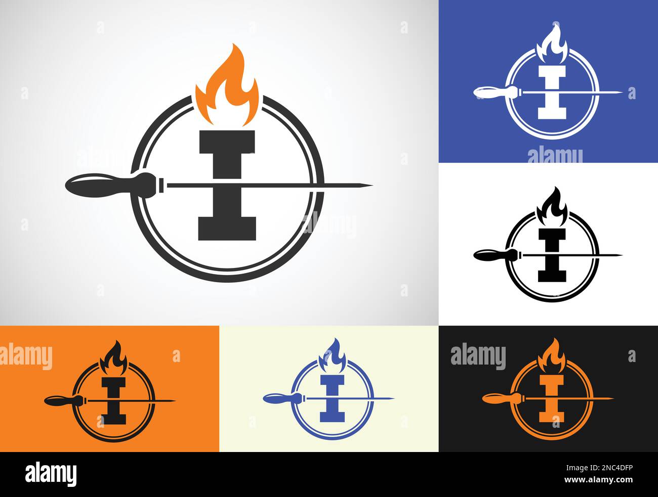Initial I letter alphabet with a skewer and fire flame. Logo design for ...