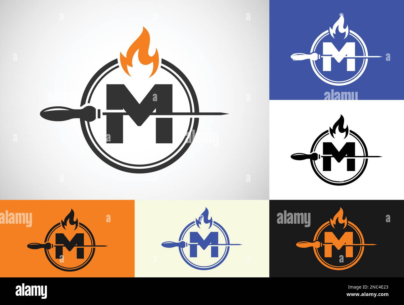 Initial M letter alphabet with a skewer and fire flame. Logo design for ...