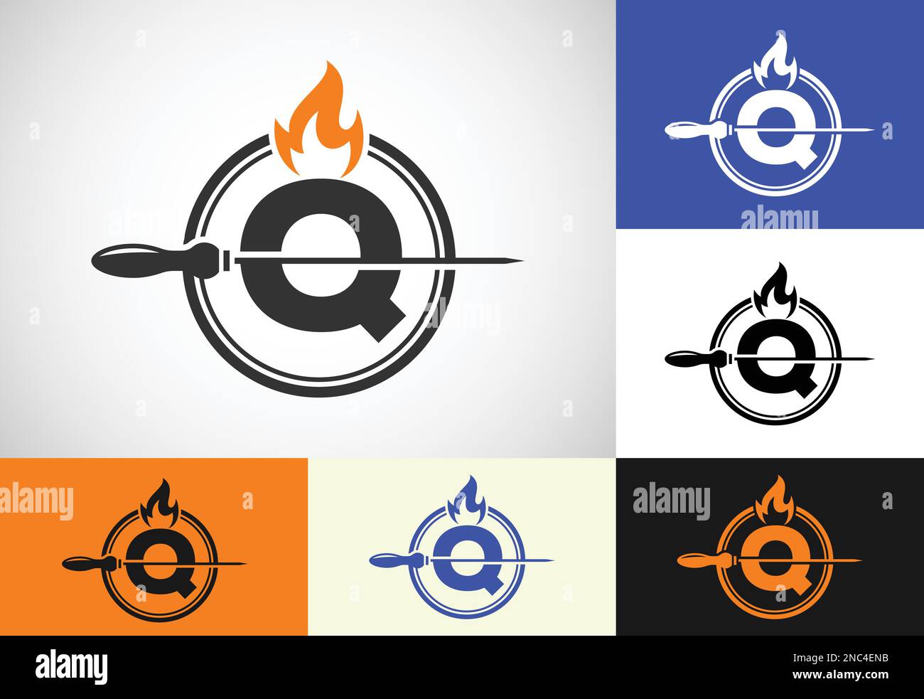 Initial Q letter alphabet with a skewer and fire flame. Logo design for ...