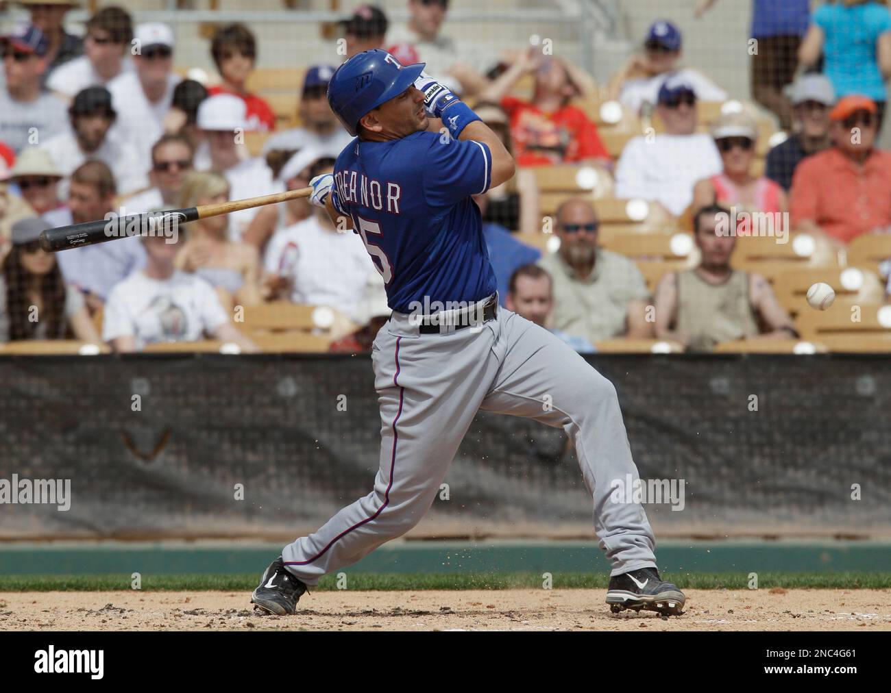 Texas Rangers' Matt Treanor hits a foul during the second inning of a ...
