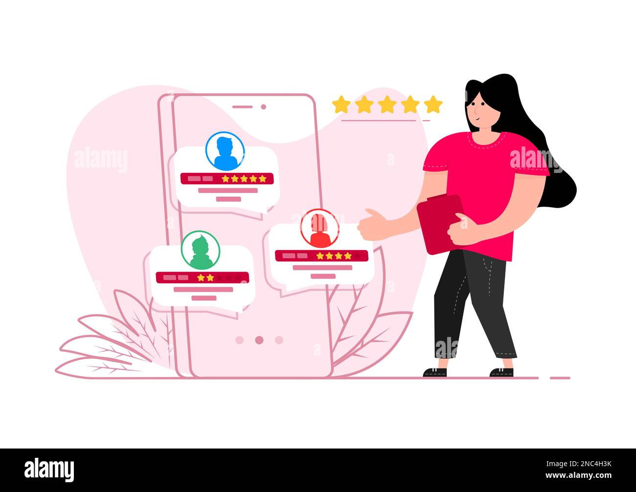 Woman giving assessment in internet store. Customer support. Five Star ...