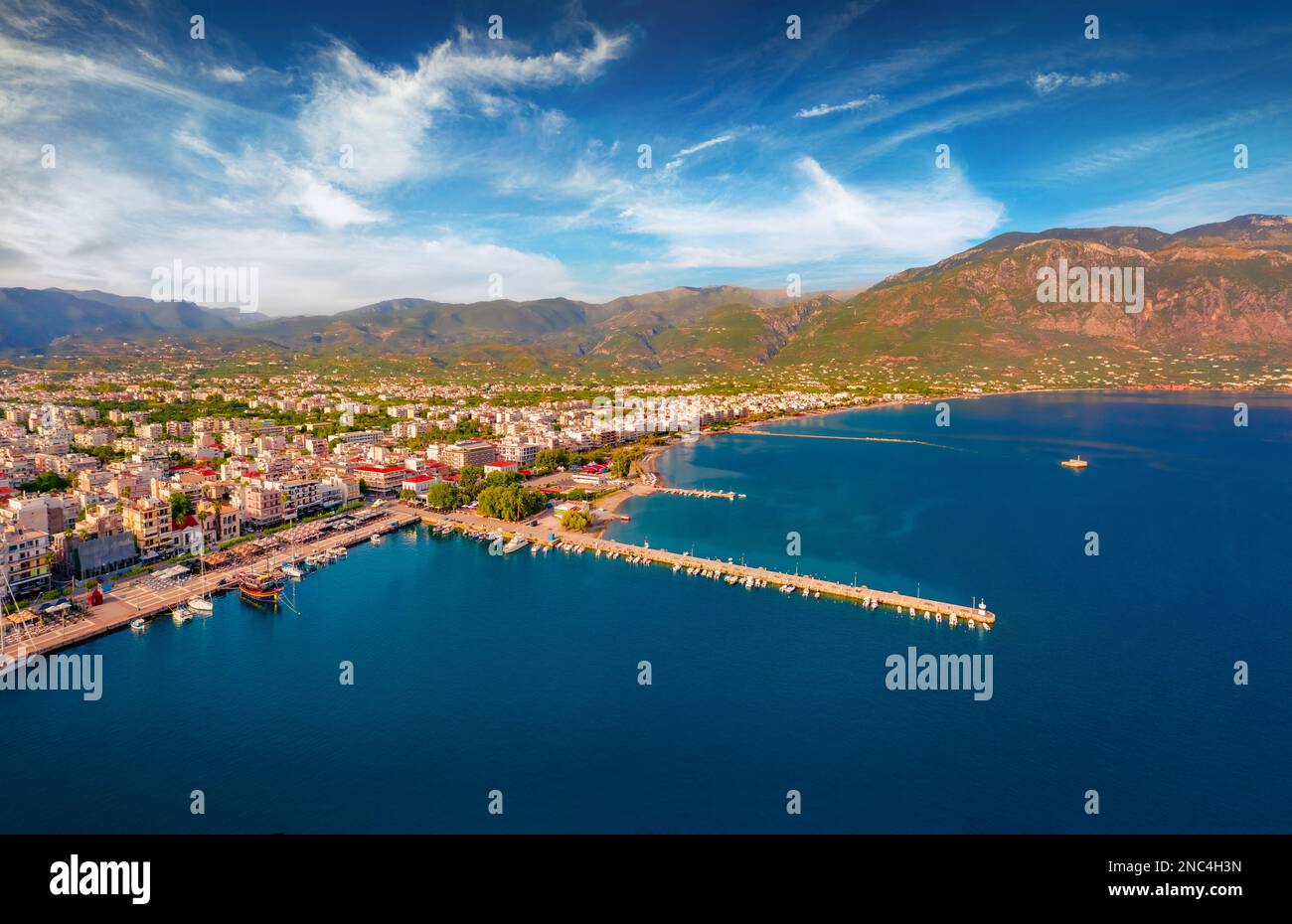 Aerial summer cityscape of Kalamata port. Attractive morning seascape ...