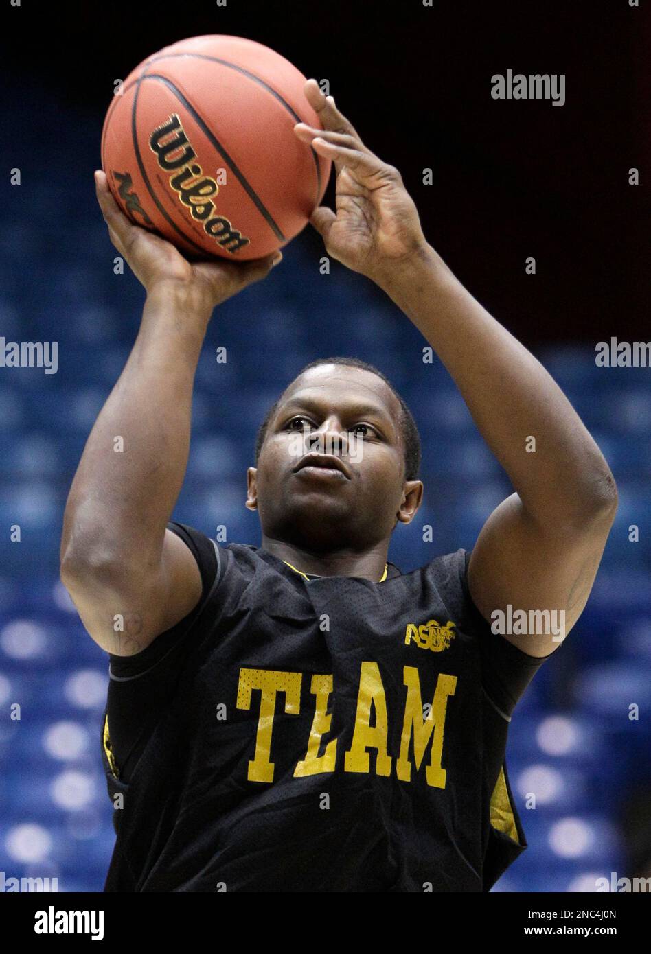 Alabama State forward Tramayne Moorer shoots during practice for a ...