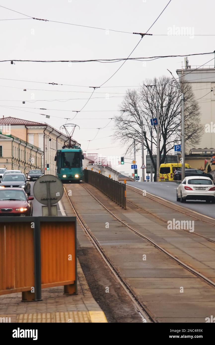 Belarus, Minsk - 04 january, 2023: The tram close up Stock Photo - Alamy