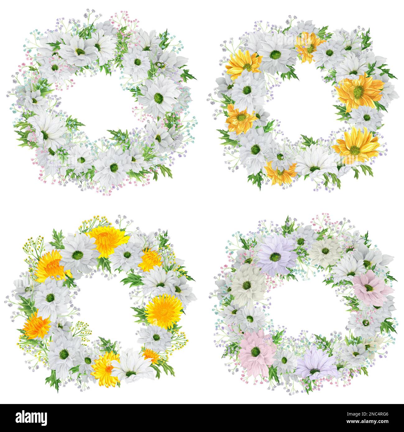 Set of four hand-drawn watercolor flower wreaths with chrysanthemum. A ...