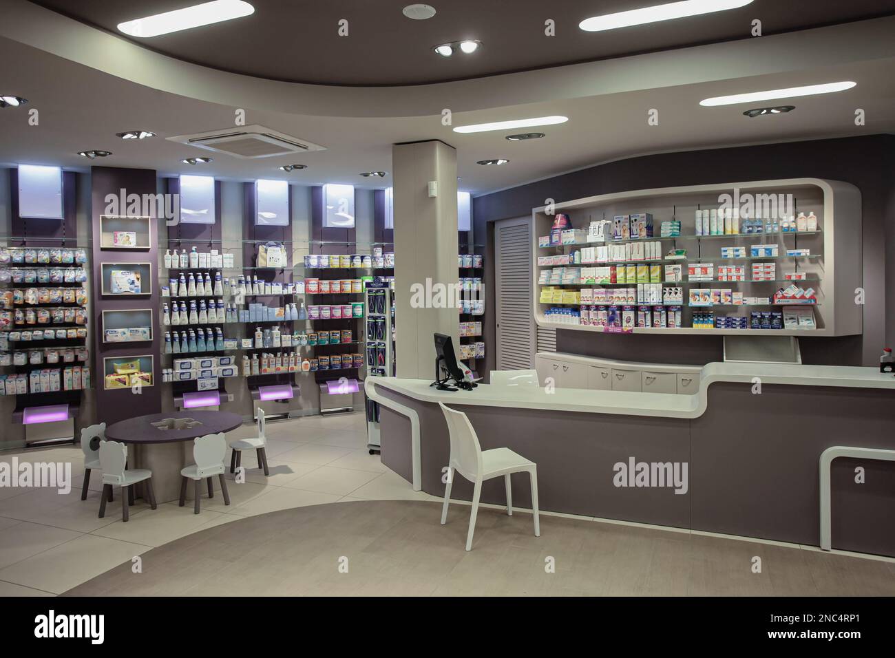 Modern interior pharmacy and drugstore. Paris, France - April 2015 ...