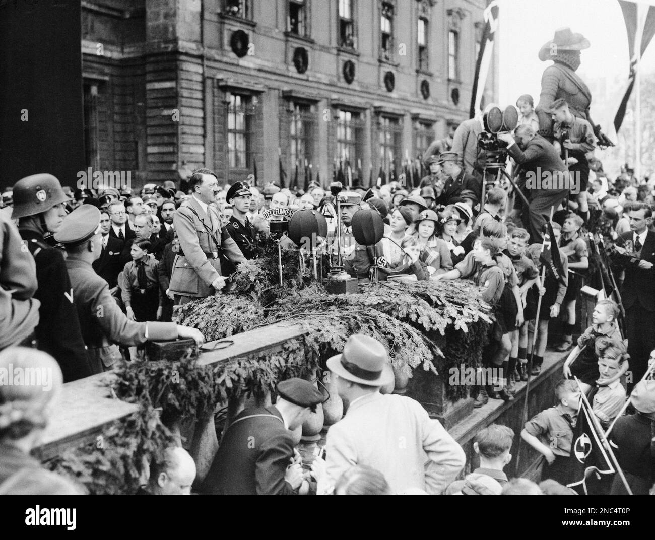 Adolf Hitler speak in front of a microphone in the Lustgarten in Berlin ...