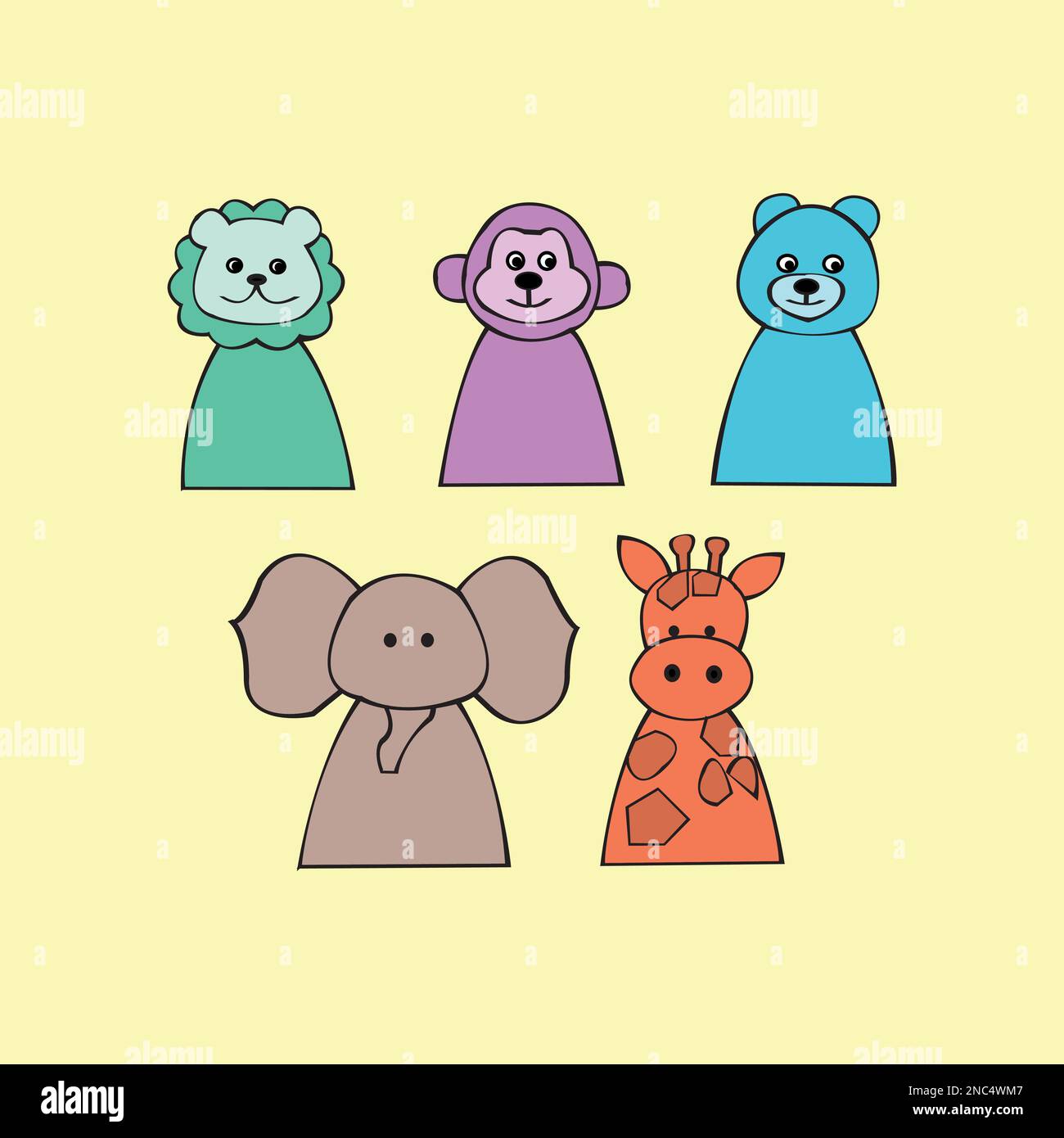 Vector illustration of cute animal set including giraffe, monkey, lion ...
