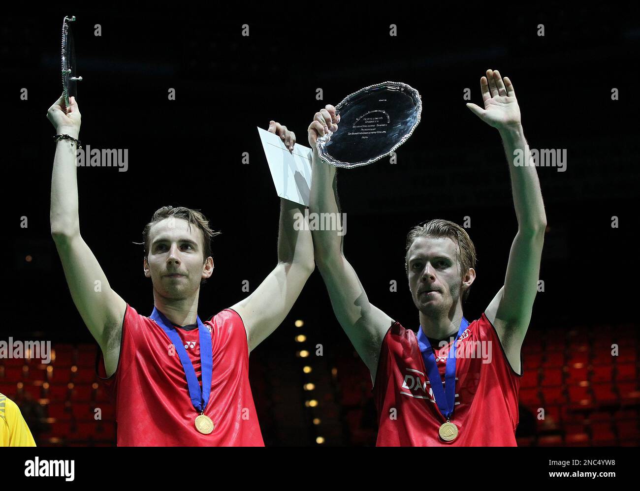 Denmark's Mathias Boe, left, and Carsten Mogensen celebrate winning the ...