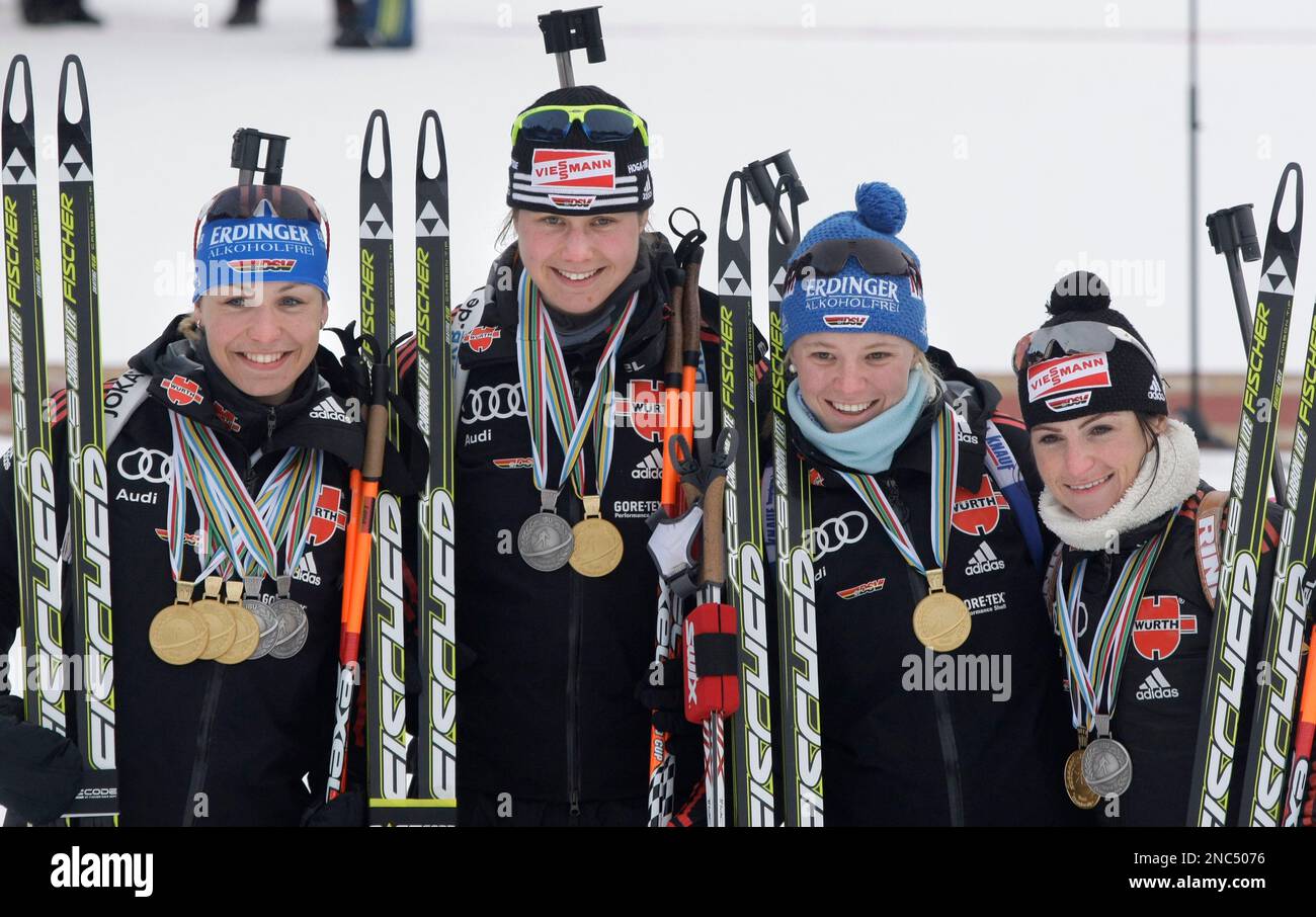 Germany's Magdalena Neuner, Tina Bachmann, Miriam Gossner, and Andrea ...