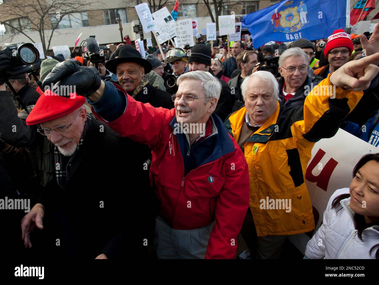 Wisconsin Senate Democrat leader Mark Miller is flanked by Sen. Fred ...