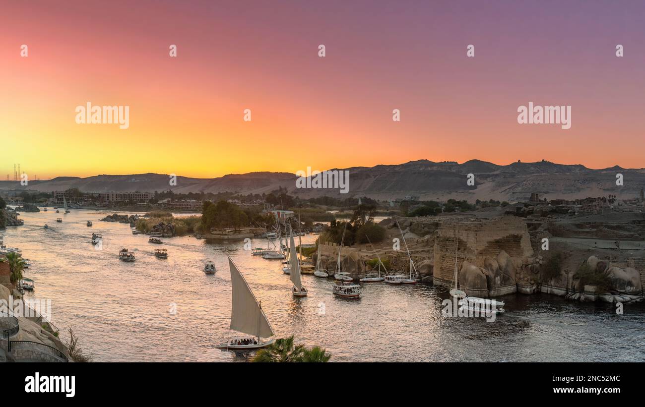 Aswan, Egypt; February 12, 2023 - A view of the Nile at sunset, Aswan ...