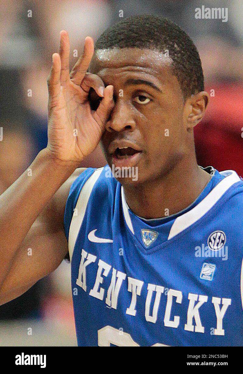 Kentucky guard Doron Lamb (20) reacts to a three-point shot he made ...