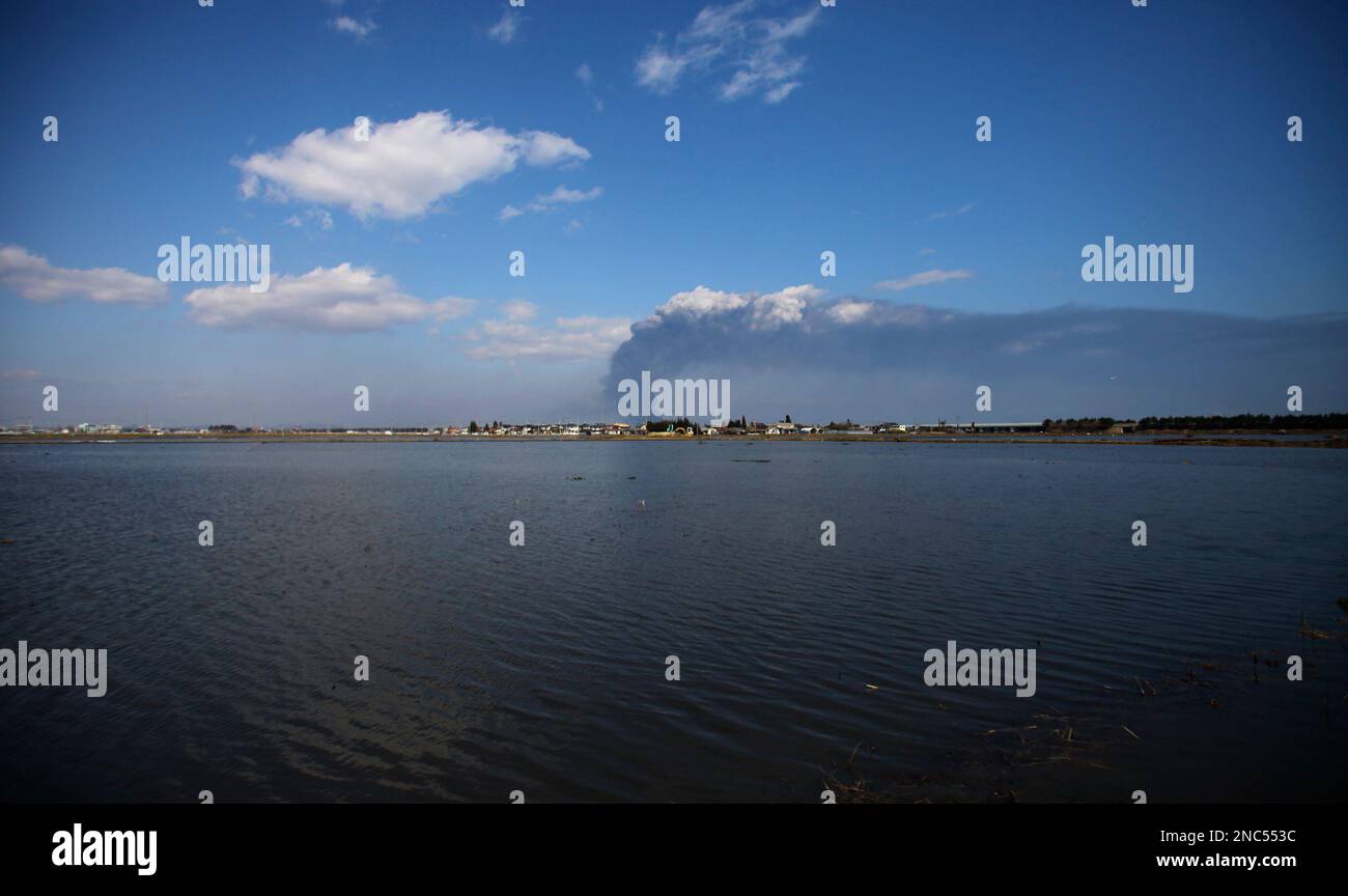 A smoke billows from oil refinery with submerged rice paddy in ...