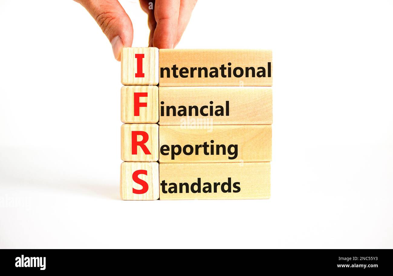IFRS symbol. Concept words IFRS international financial reporting standards on block on ...