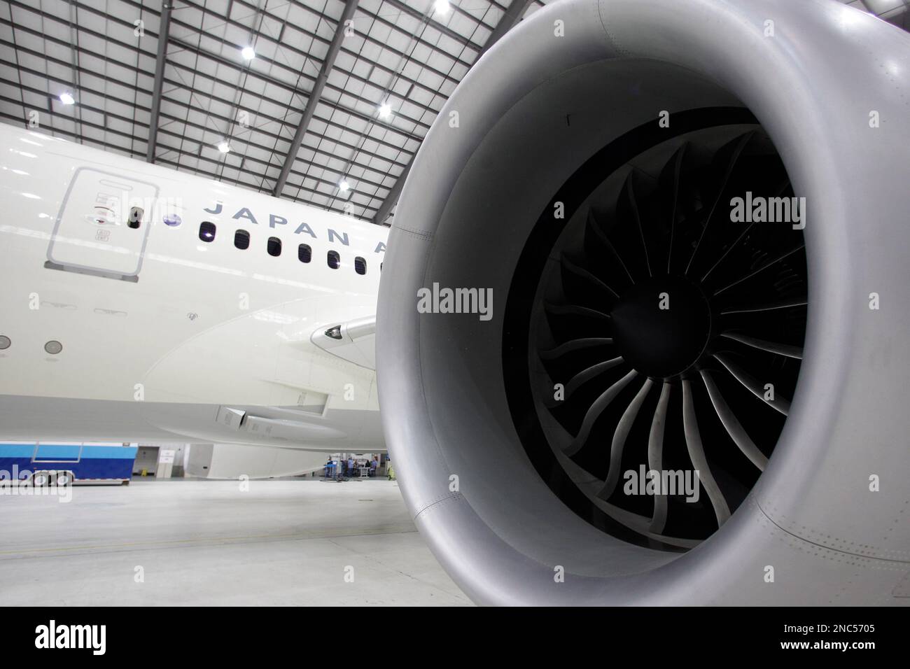 A Japan Airlines Boeing 787 Dreamliner is seen at Boeing's Global ...