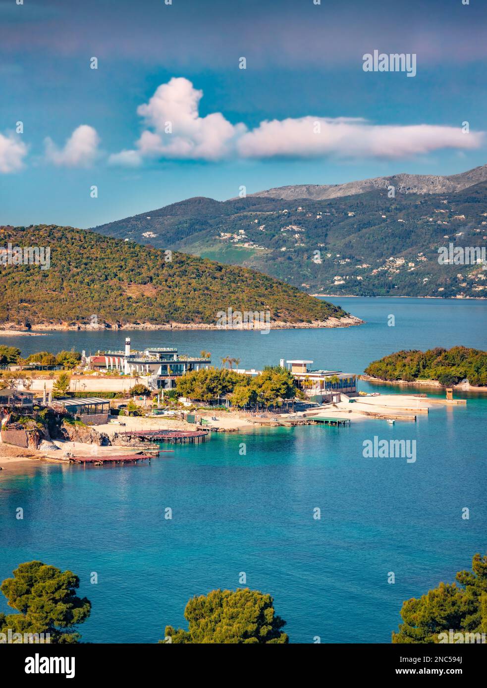 Aerial seascape of Ionian sea with Corfu island on background. Adorable ...