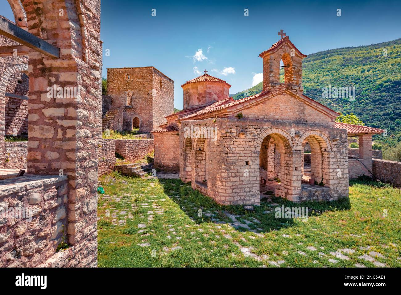 Gorgeous spring view of abandoned St. Mary Monastery. Adorable morning ...