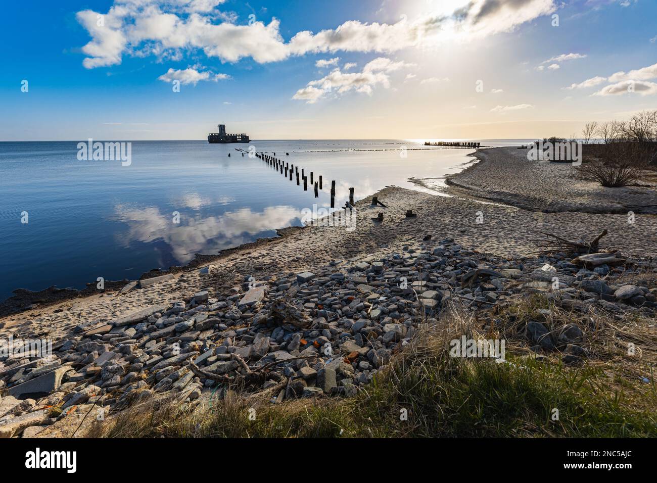 Gdynia, Poland - April 2022: Babie Doly beach with old ruins of pier ...