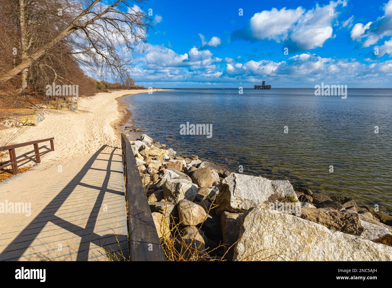 Gdynia, Poland - April 2022: Babie Doly beach with old ruins of pier ...