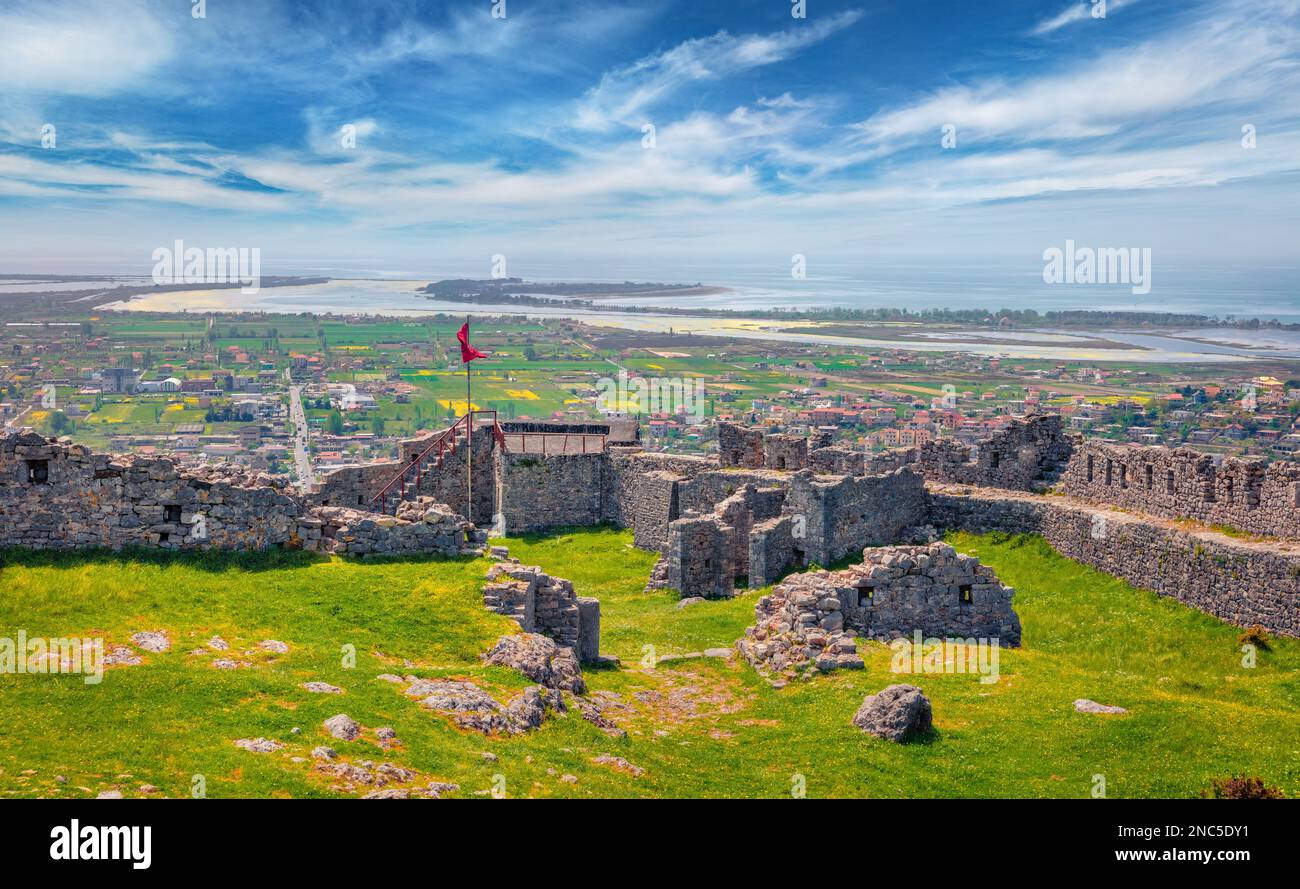 Bright summer view of ruins of Lezhe Fortress with no tourists. Amazing ...