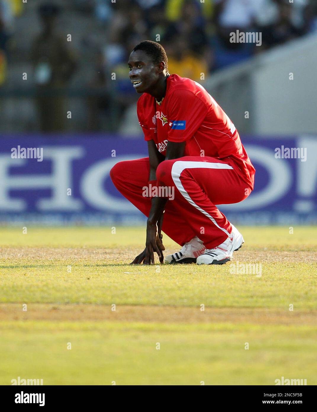 Zimbabwe's bowler Chris Mpofu celebrates the wicket of Sri Lanka ...