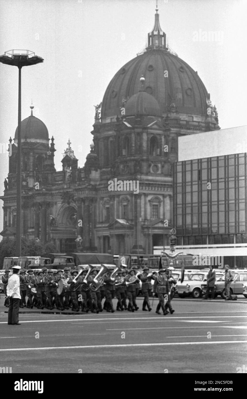 East German military music corps parade in front of the monumental ...