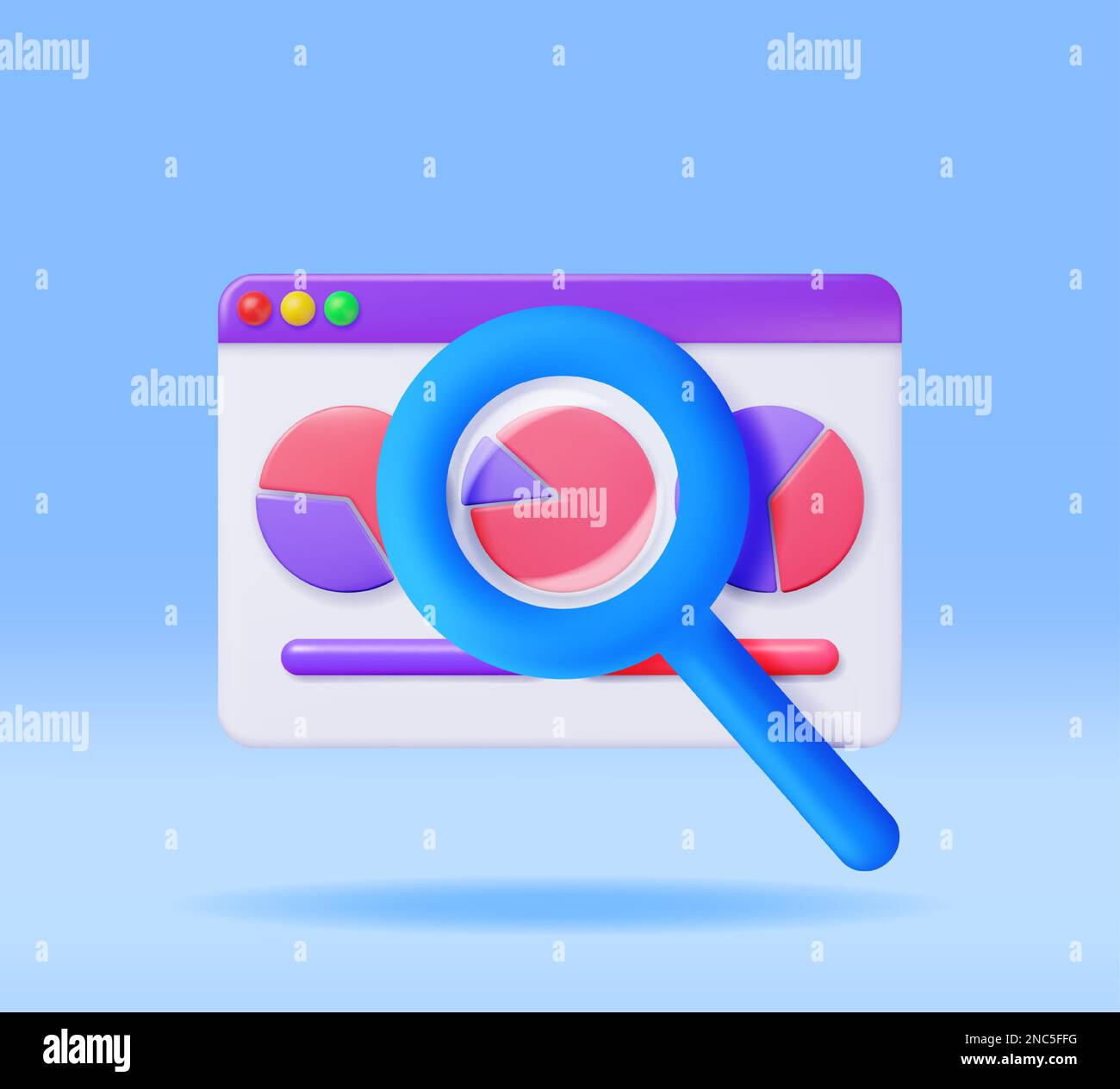 3D Pie Diagram in Window with Magnifying Glass. Render Stock Pie Shows ...