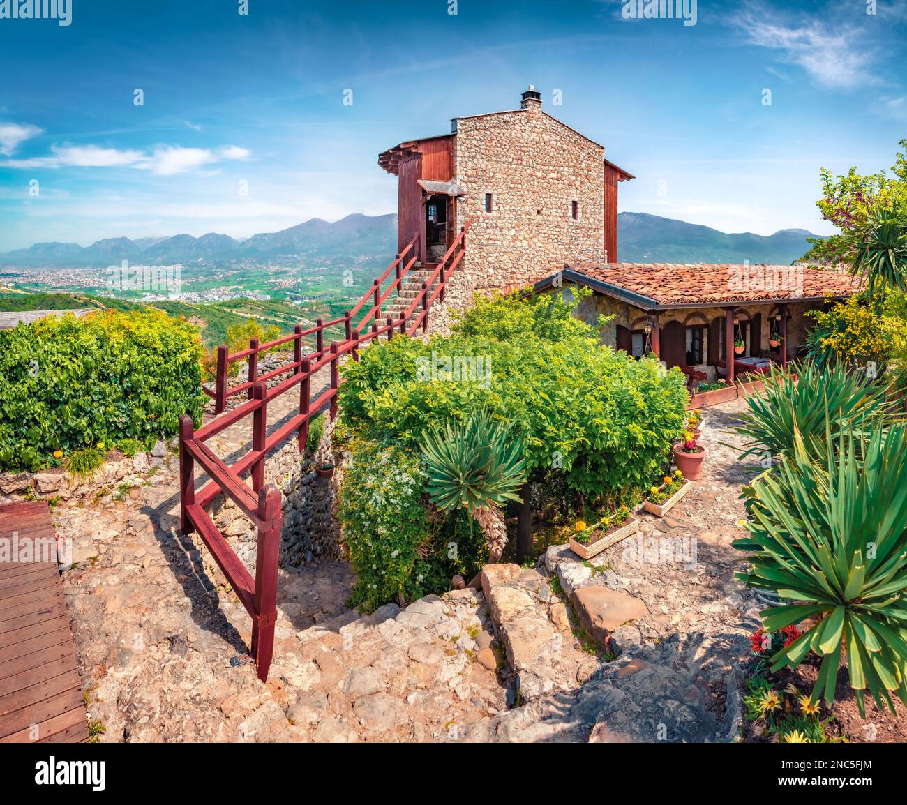 Petrela Castle on the top of mountain. Exciting summer scene of Albania ...