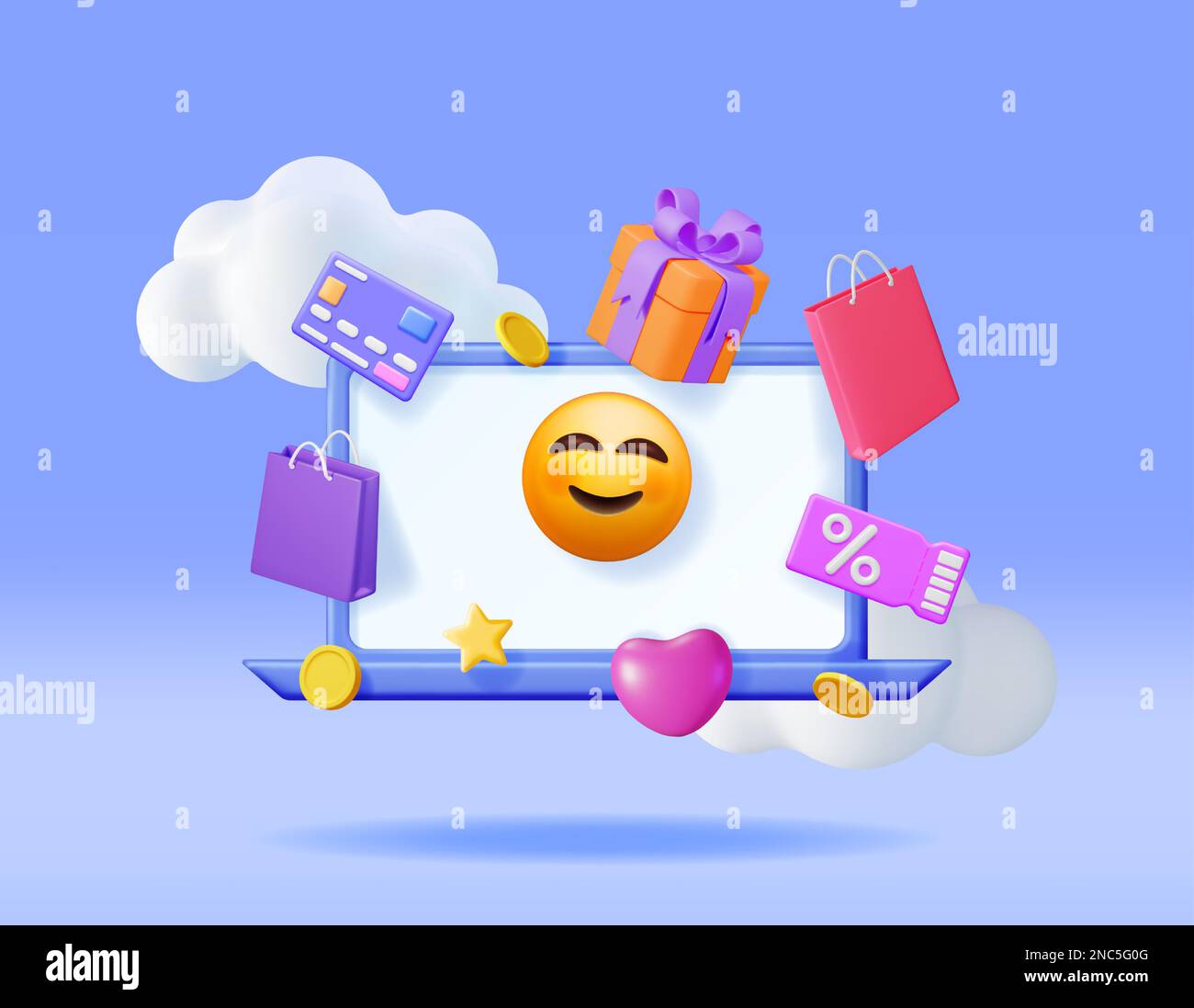 3d online shopping concept render computer with shopping symbols bag hi ...