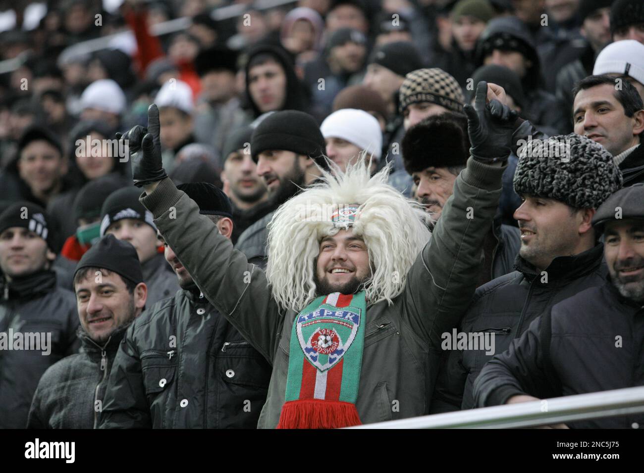 Chechen soccer fan wears a traditional Chechen hat during a friendly ...